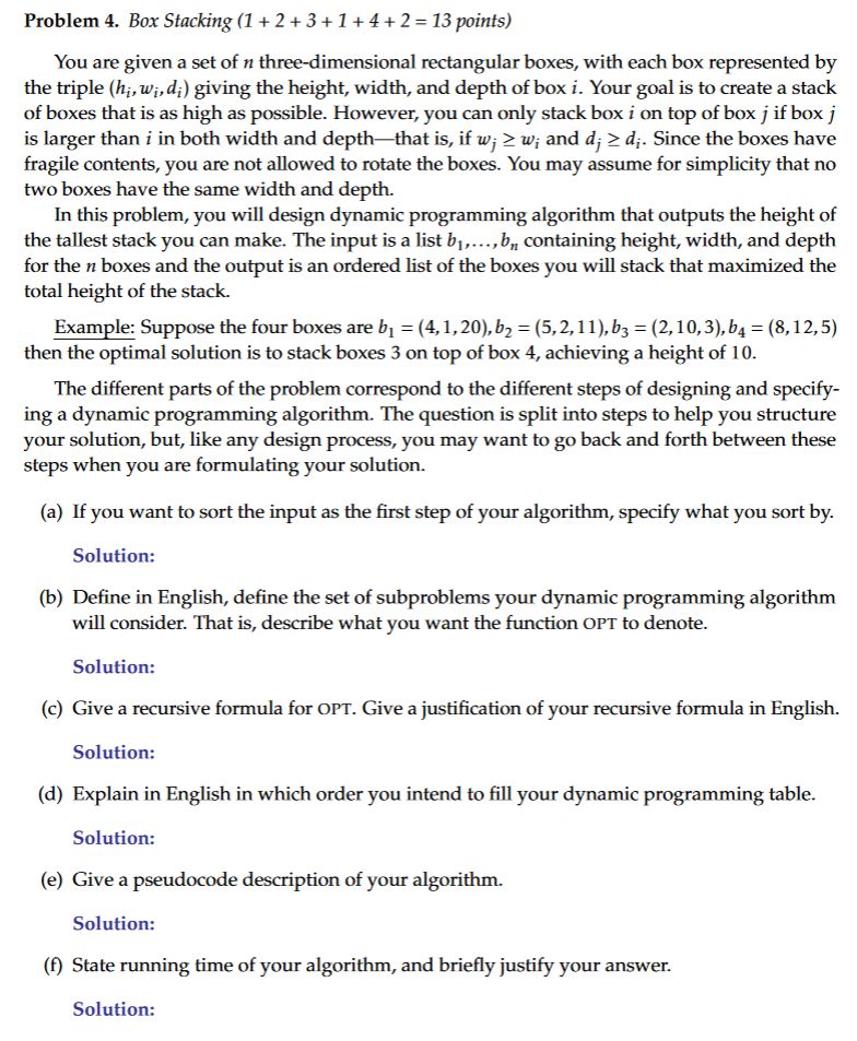 Solved Problem 4. Box Stacking (1+2+3+1+4+2=13 points ) You | Chegg.com
