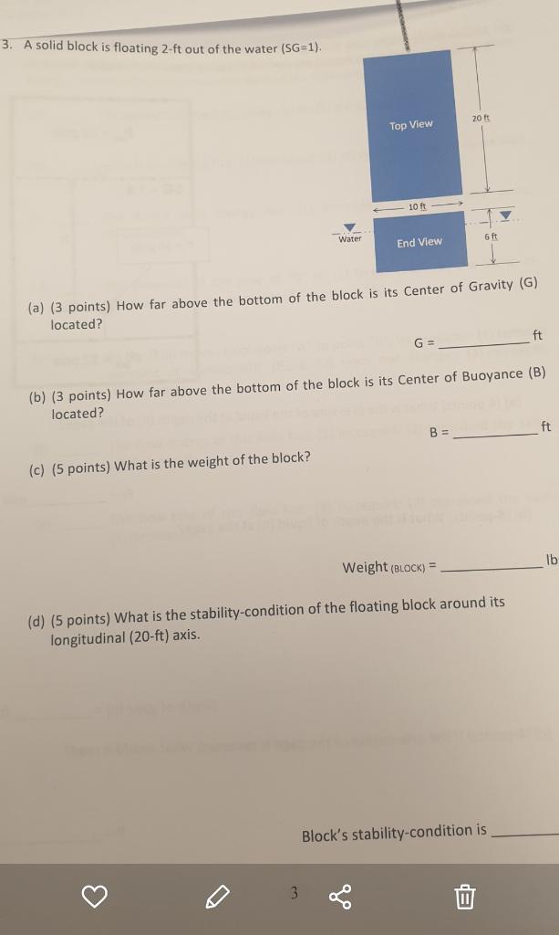 Solved 3. A solid block is floating 2−ft out of the water | Chegg.com