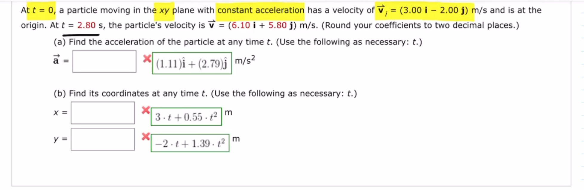 Solved At t = 0, a particle moving in the xy plane with | Chegg.com