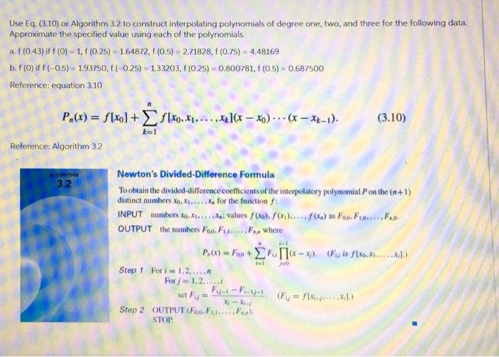 Solved Use Eq (3.10) or Algorithm 3.2 to construct | Chegg.com