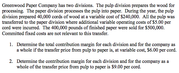Solved Greenwood Paper Company has two divisions. The pulp | Chegg.com