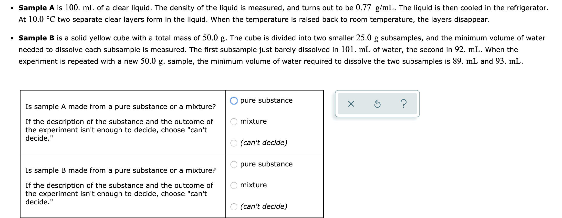 Solved • Sample A is 100. mL of a clear liquid. The density | Chegg.com