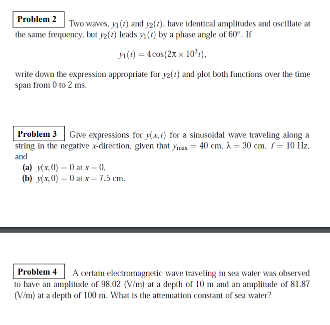 Solved Two waves, y1(t) and y2(t), have identical amplitudes | Chegg.com