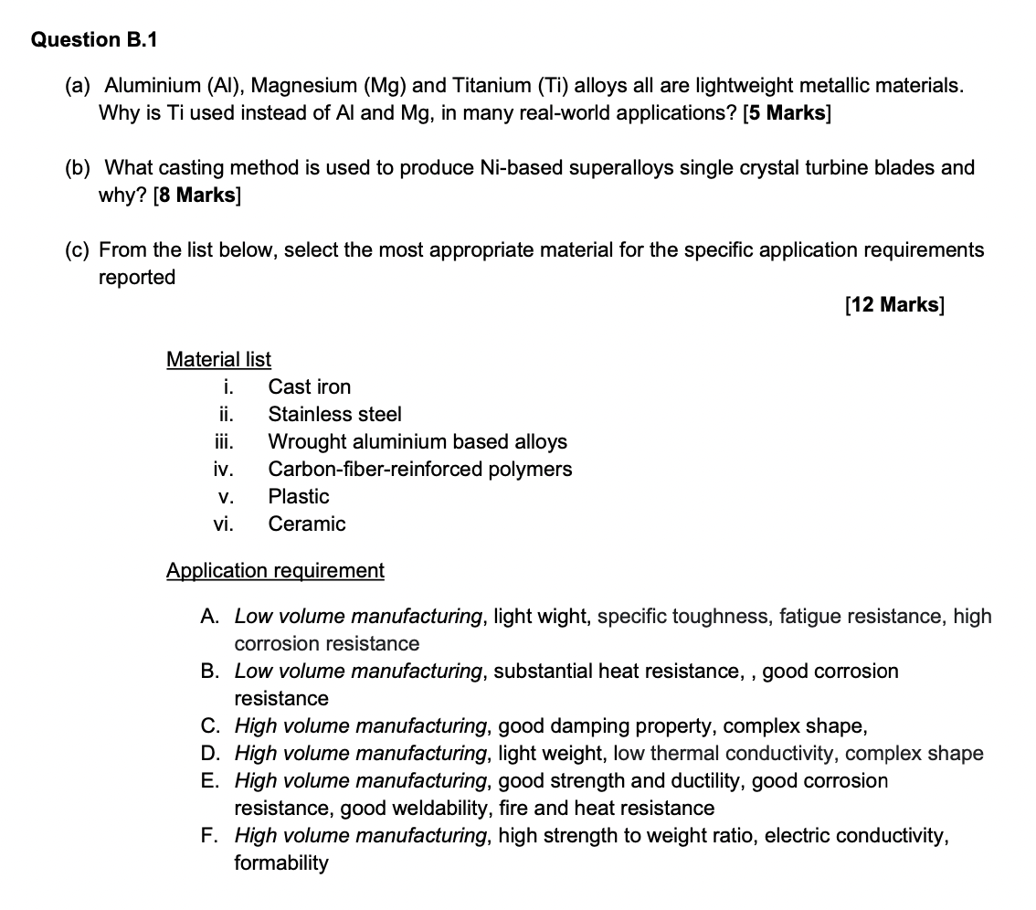 Solved Question B.1 (a) Aluminium (AI), Magnesium (Mg) and | Chegg.com