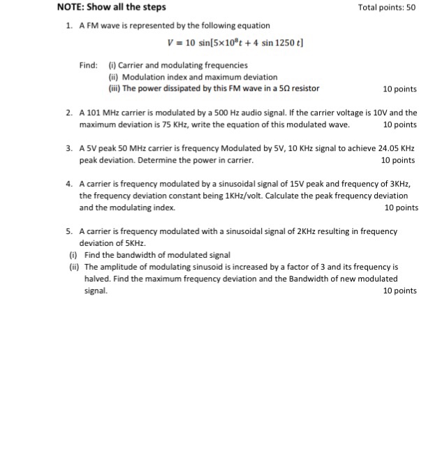 Solved A FM wave is represented by the following equation V | Chegg.com