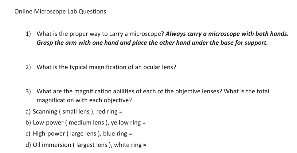 Online Microscope Lab Questions 1) What is the proper | Chegg.com