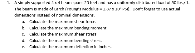 Solved A simply supported 4 x 4 beam spans 20 feet and has a | Chegg.com