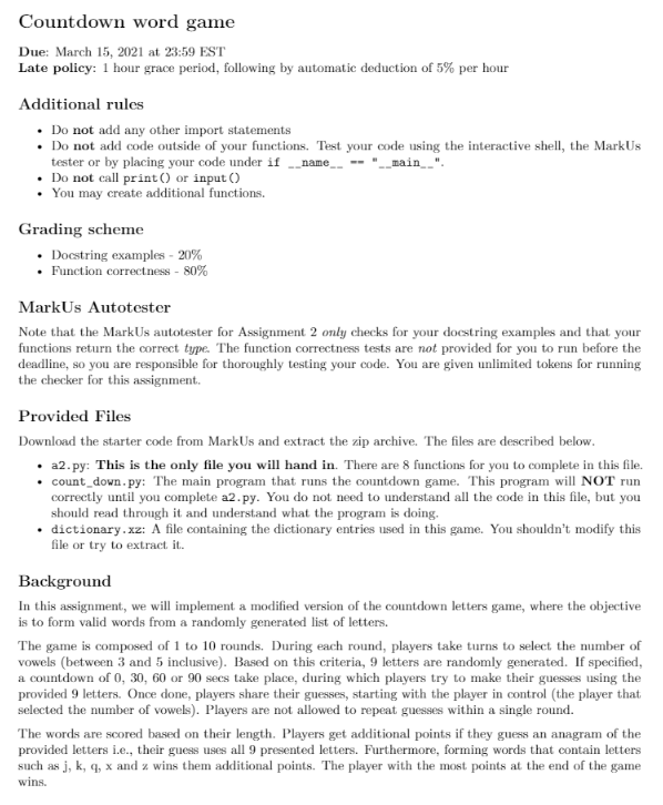 Countdown word game Due: March 15, 2021 at 23:59 EST | Chegg.com