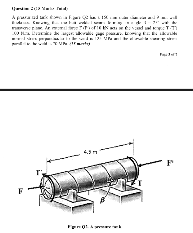 Solved Question 2 (15 ﻿Marks Total) ﻿A pressurized tank | Chegg.com