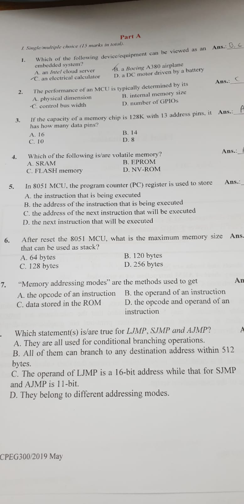 Solved Part A 1. Single/multiple choice (15 marks in total) | Chegg.com
