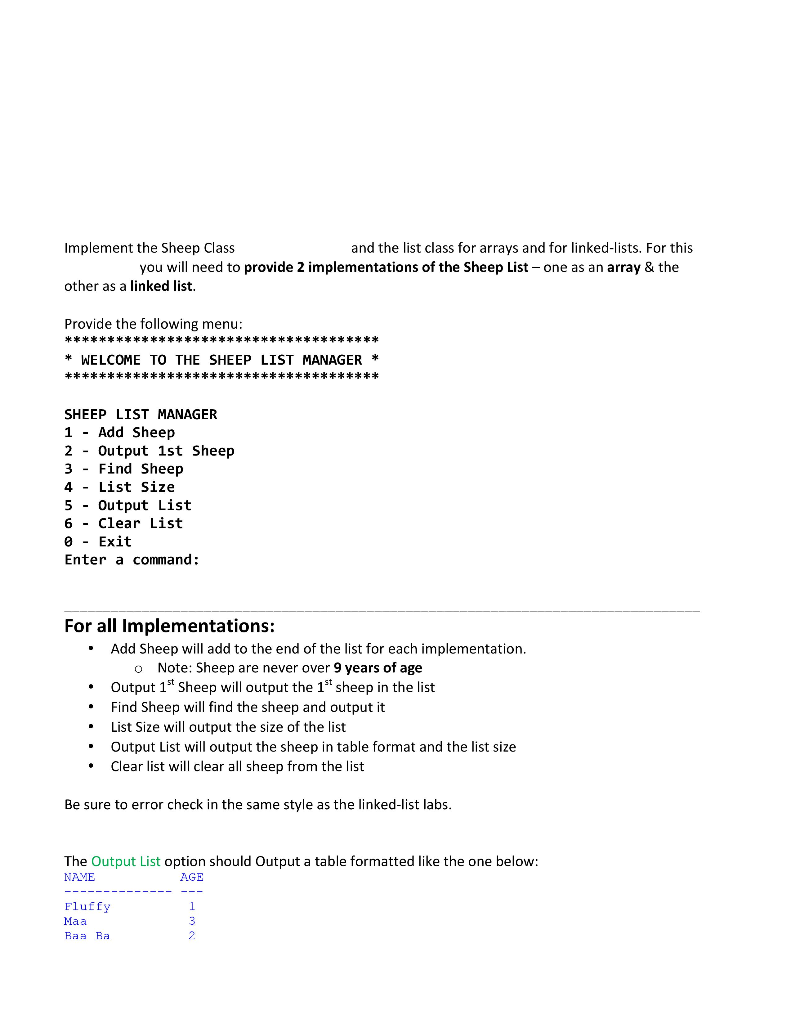 Implement the Sheep Class and the list class for | Chegg.com
