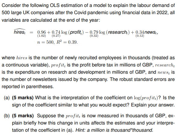 Solved Consider the following OLS estimation of a model to | Chegg.com