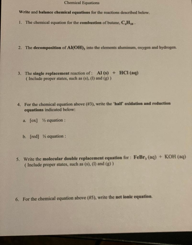 Solved Chemical Equations Write and balance chemical | Chegg.com
