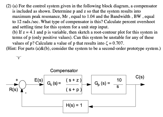 Solved (2) (a) For the control system given in the following | Chegg.com