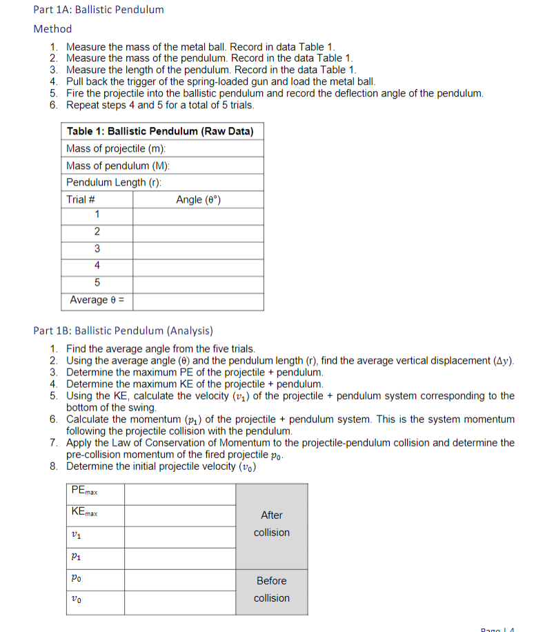 Solved Part 1A: Ballistic Pendulum Method 1. Measure the | Chegg.com