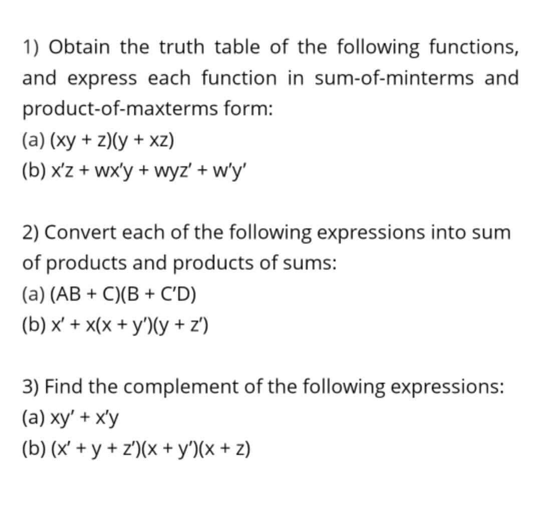 Solved 1 Obtain The Truth Table Of The Following Functions