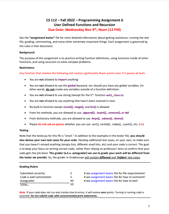 Solved CS 112 - Fall 2022 - Programming Assignment 6 User | Chegg.com