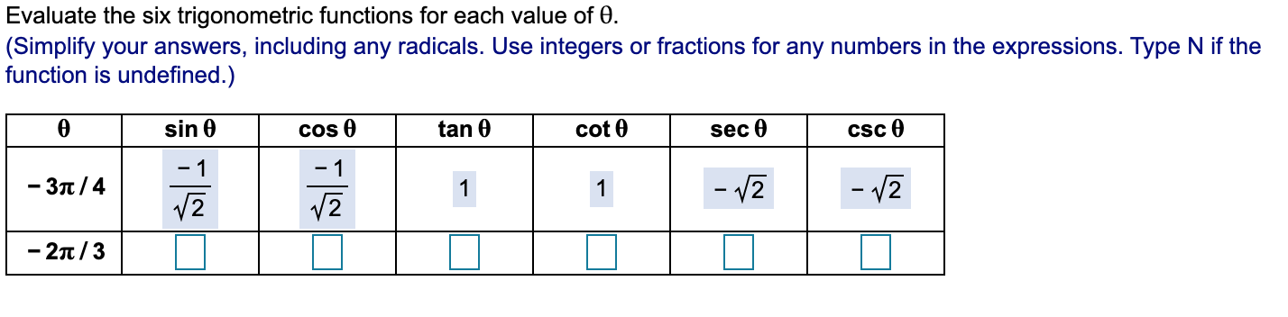Solved Evaluate the six trigonometric functions for each | Chegg.com