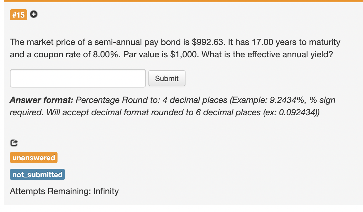 Solved #15 The market price of a semi-annual pay bond is | Chegg.com