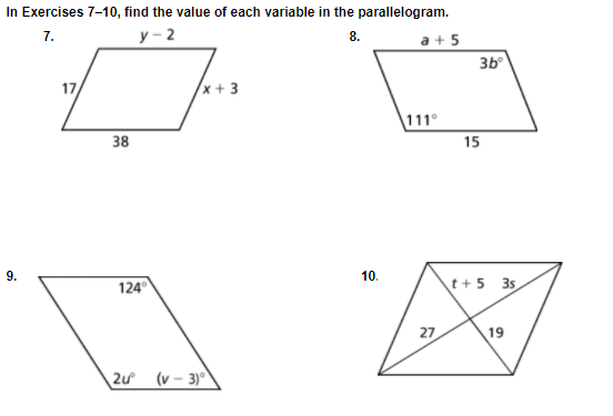 Solved In Exercises 7-10, find the value of each variable in | Chegg.com
