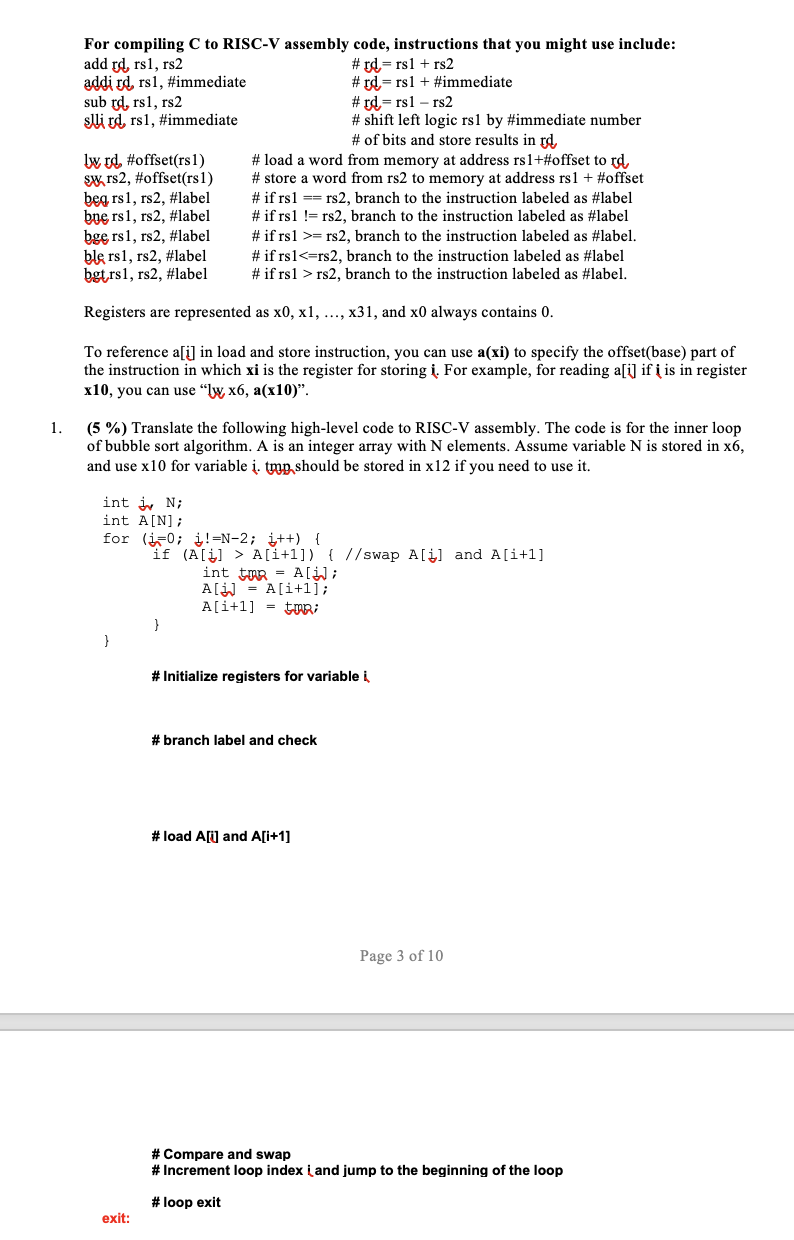 Solved For compiling C to RISC-V assembly code, instructions | Chegg.com