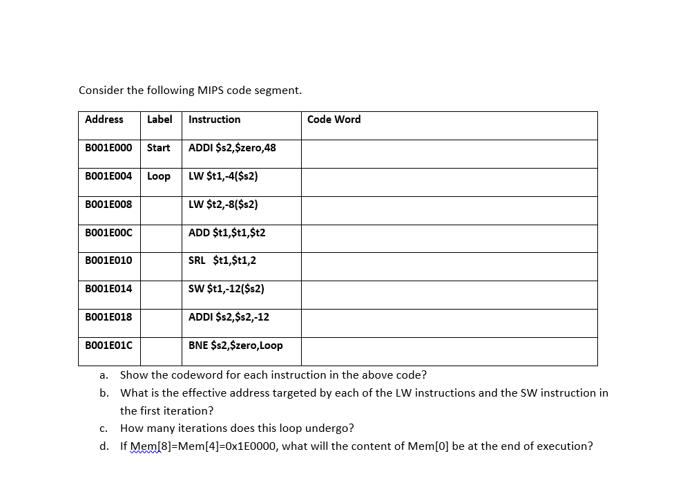 Solved Consider the following MIPS code segment. Address | Chegg.com