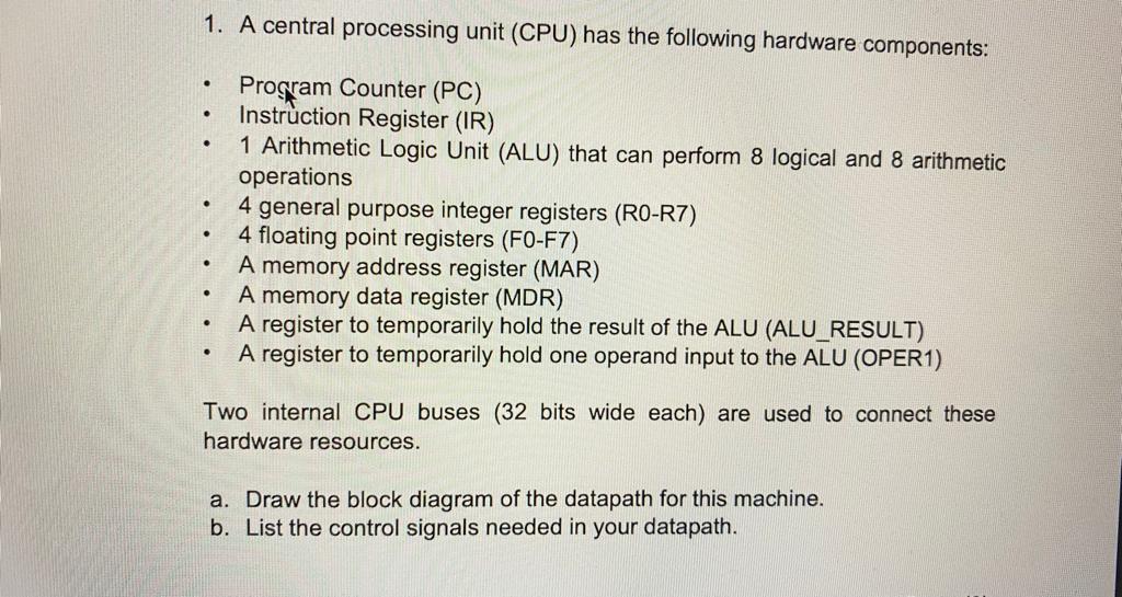 Solved 1. A central processing unit (CPU) has the following | Chegg.com