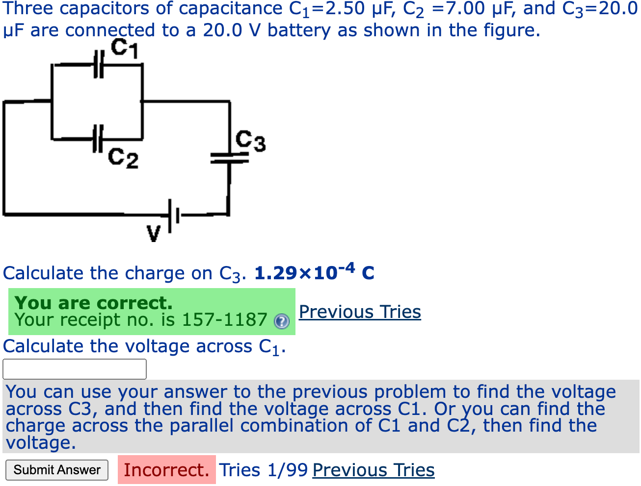 Solved Three capacitors of capacitance C1=2.50μF,C2=7.00μF, | Chegg.com