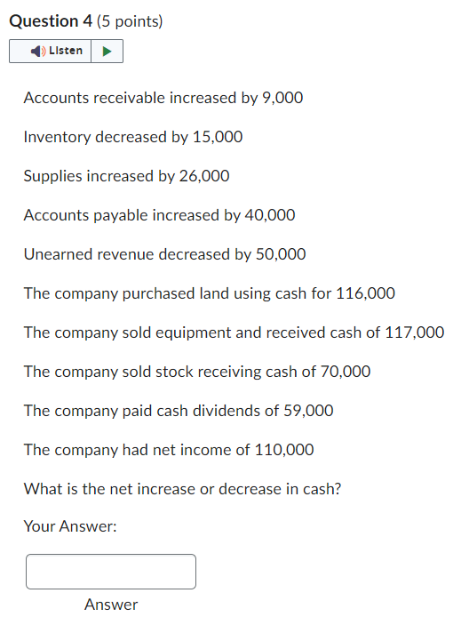 Solved Accounts receivable increased by 3,000 Inventory | Chegg.com
