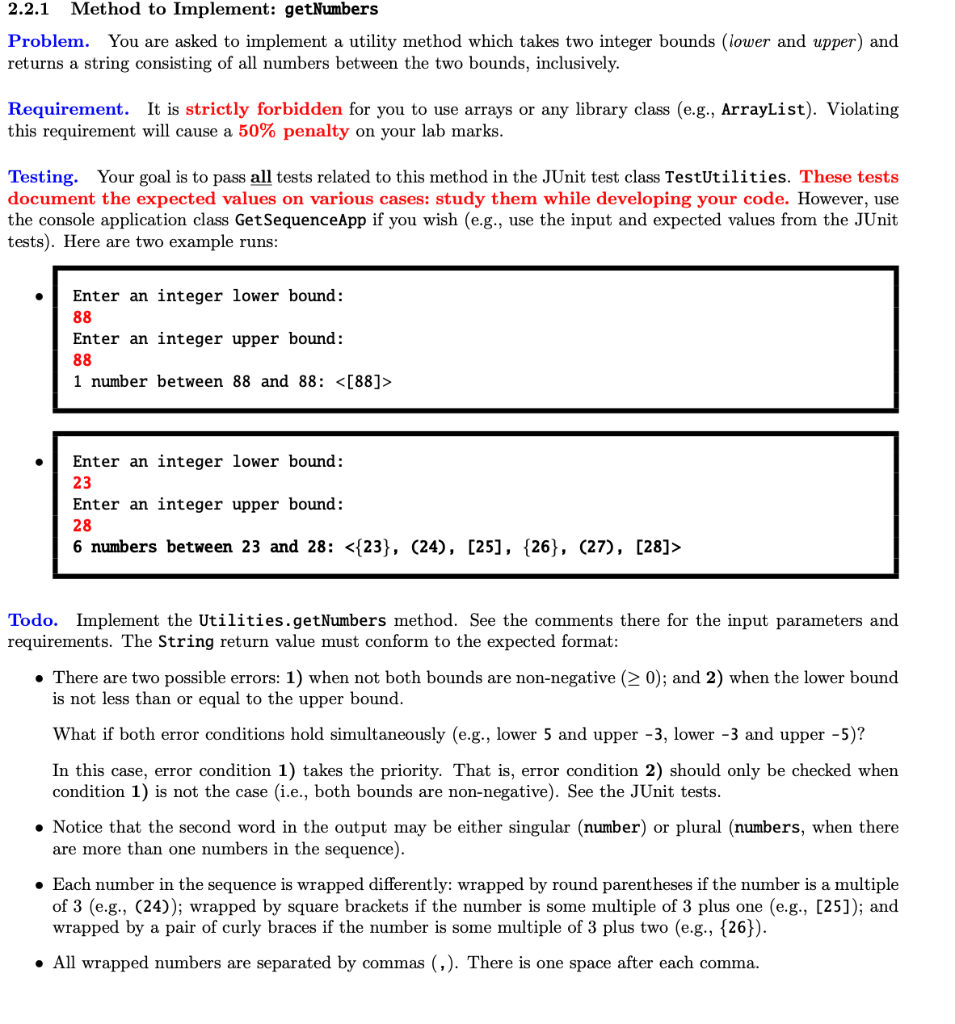 Solved 2.2.1 Method to Implement: getNumbers Problem. You | Chegg.com