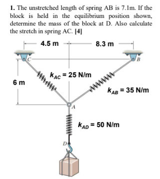 Solved 1. The unstretched length of spring AB is 7.1m. If | Chegg.com