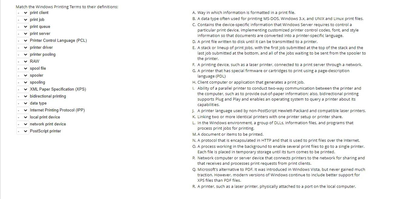 Solved Match the Windows Printing Terms to their | Chegg.com
