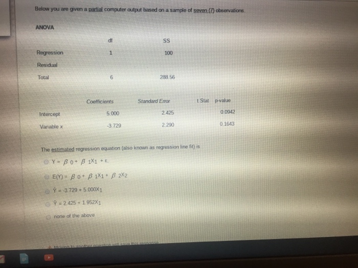Solved Below you are given a partial computer output based | Chegg.com