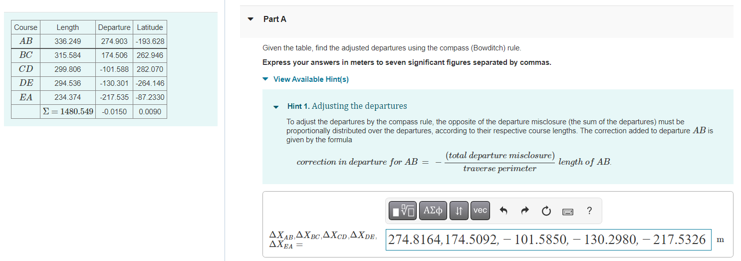 Solved V Part A Course Ab Length 336 249 Departure Latitude