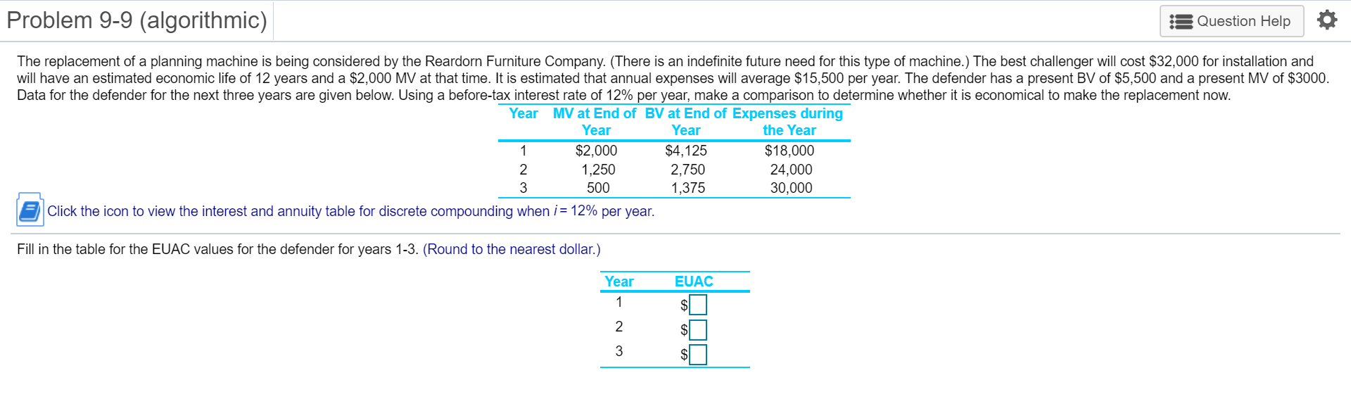 Solved Problem 9-9 (algorithmic) s Question Help The | Chegg.com