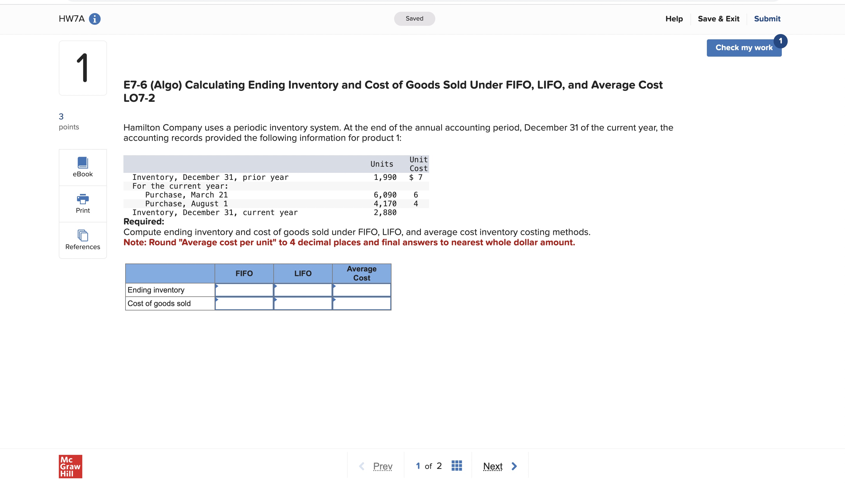 Solved E7-6 (Algo) Calculating Ending Inventory and Cost of | Chegg.com