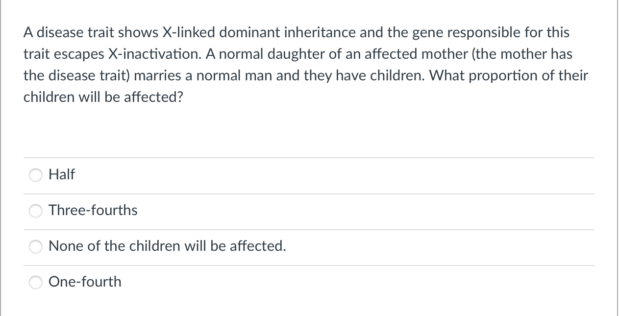 Solved A disease trait shows X-linked dominant inheritance | Chegg.com