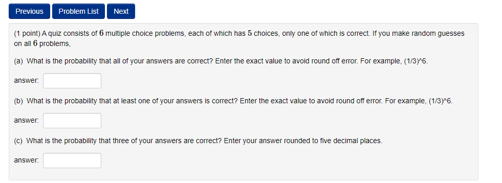 Solved Previous Problem List Next (1 point) A quiz consists | Chegg.com