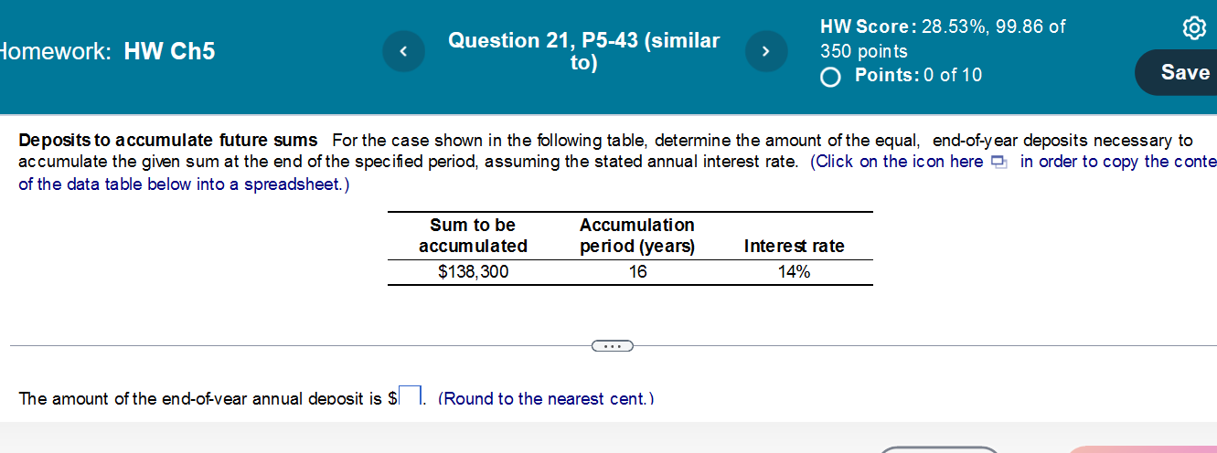 Solved Homework: HW Ch5 to) 350 points Points: 0 of 10 | Chegg.com