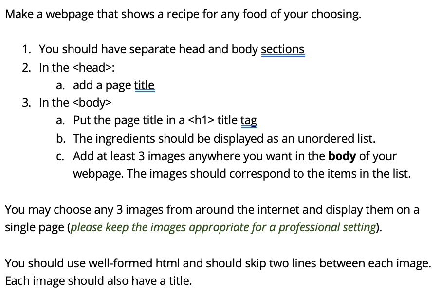 Solved Make a webpage that shows a recipe for any food of | Chegg.com