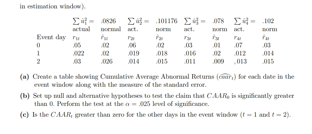 6. An event study is carried out with a sample of n=4 | Chegg.com