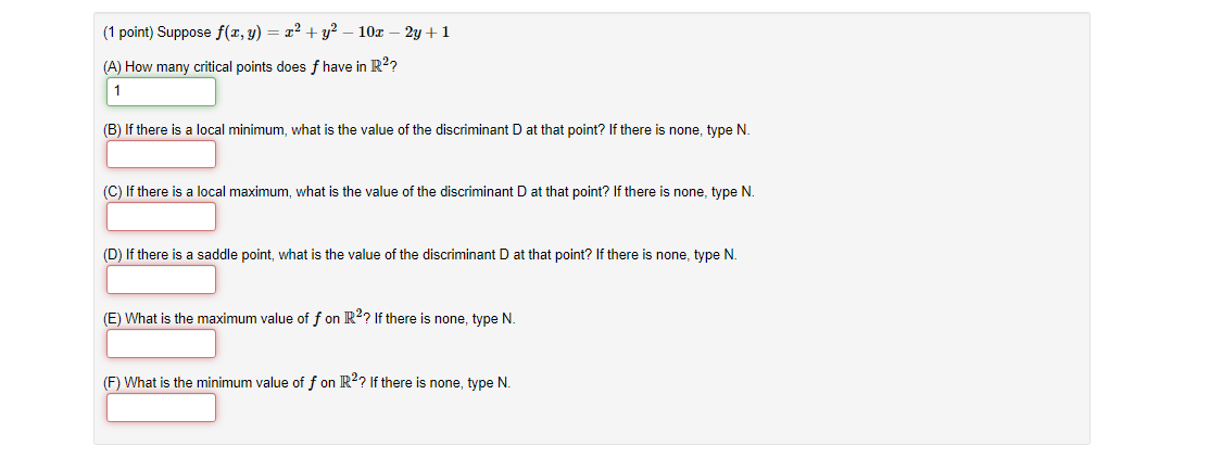 Solved (1 point) Suppose f(x, y) = x2 + y2 – 10x – 2y + 1 | Chegg.com
