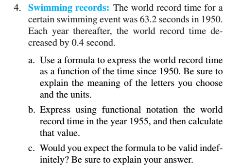 Solved 4. Swimming records: The world record time for a | Chegg.com