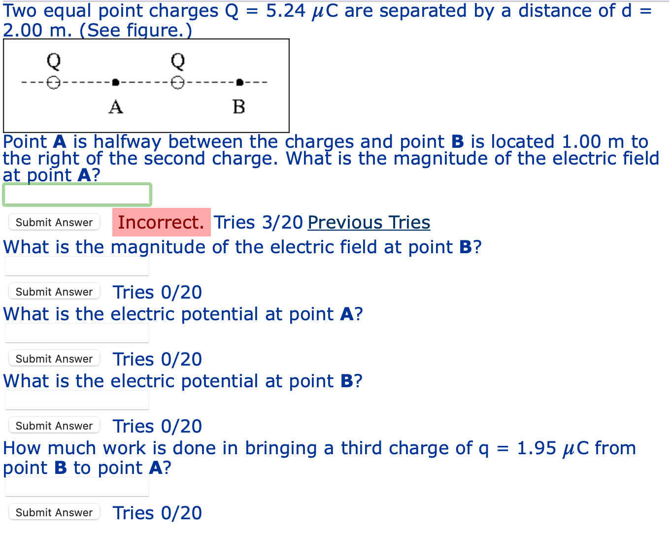 Solved Two equal point charges Q=5.24μC are separated by a | Chegg.com