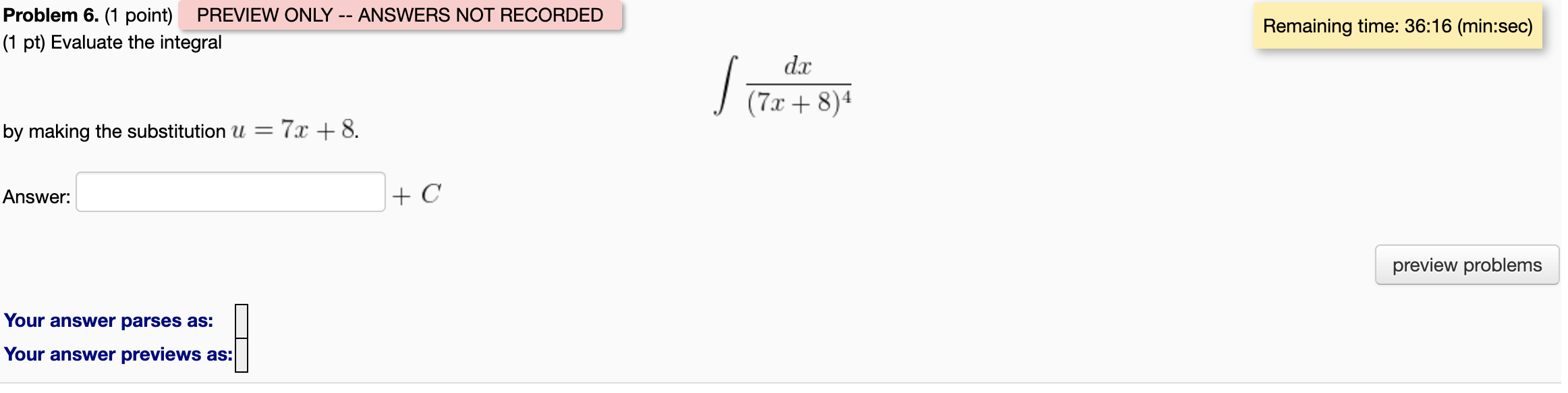 Solved Problem 6. (1 point) PREVIEW ONLY -- ANSWERS NOT | Chegg.com
