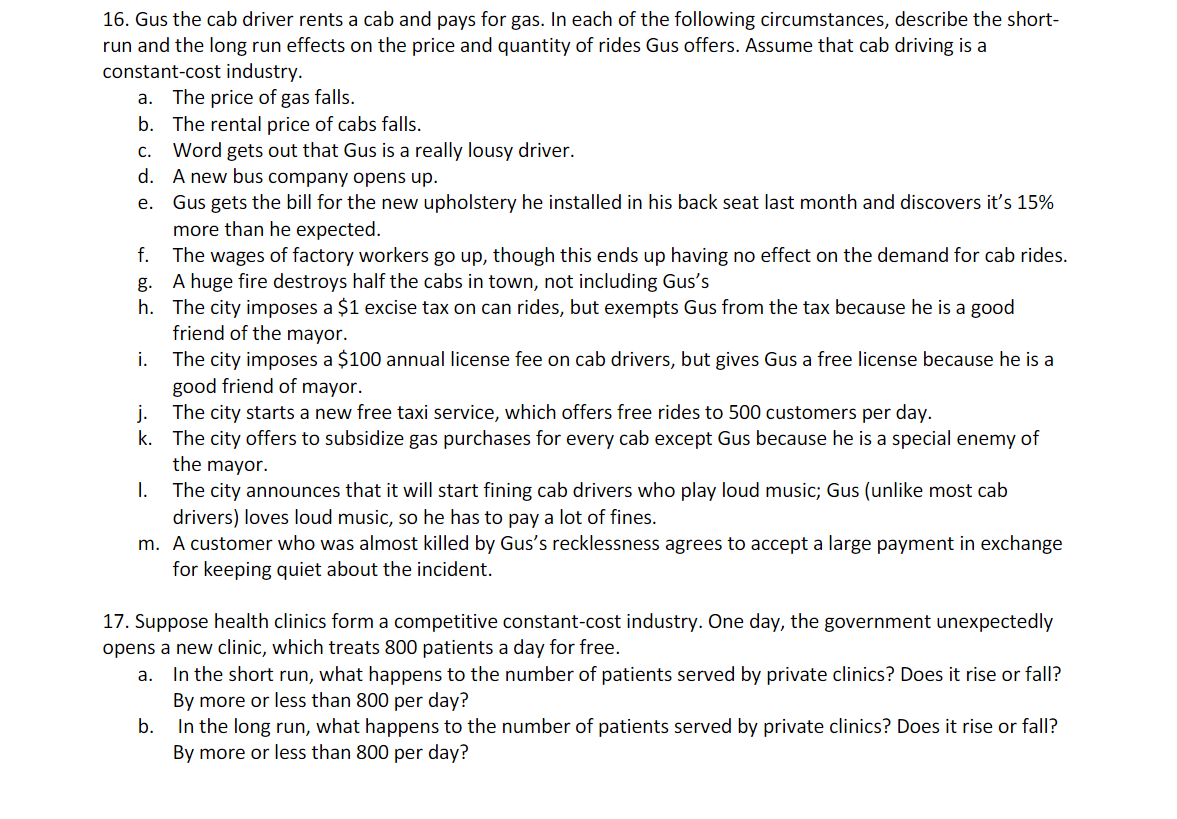 Solved 16. Gus the cab driver rents a cab and pays for gas. | Chegg.com