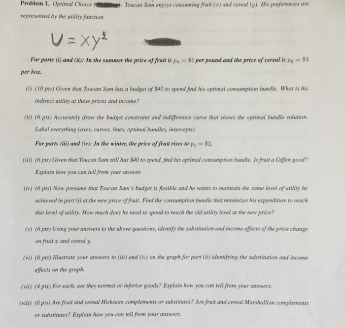 Solved Problem 1. Optimal Choice represented by the utility | Chegg.com
