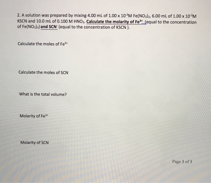 Solved 2. A solution was prepared by mixing 4.00 mL of 1.00 | Chegg.com