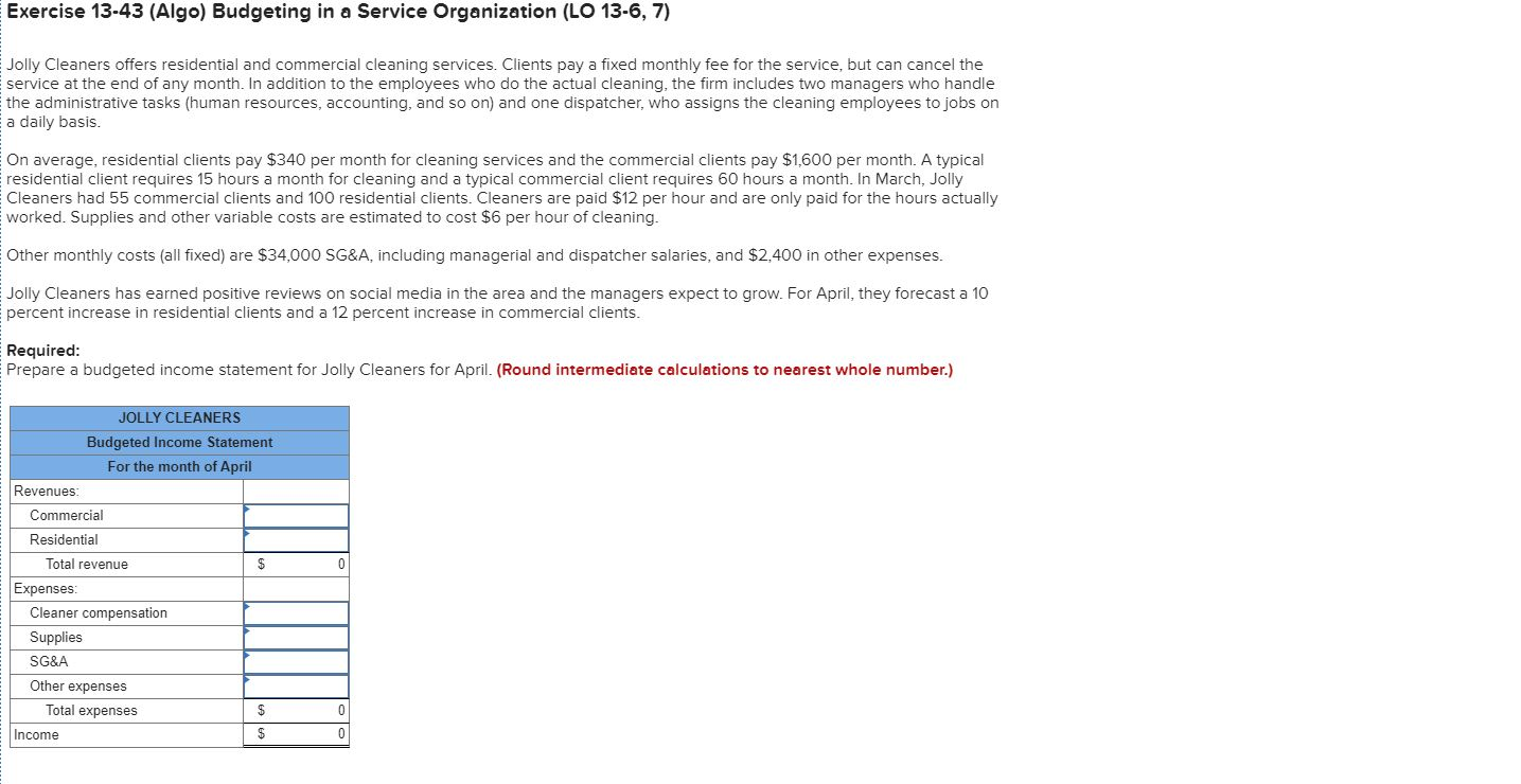 Solved Exercise 13-43 (Algo) Budgeting in a Service | Chegg.com