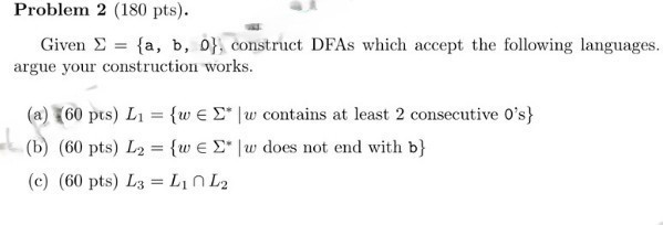 Solved Given Σ={a,b,0}, construct DFAs which accept the | Chegg.com